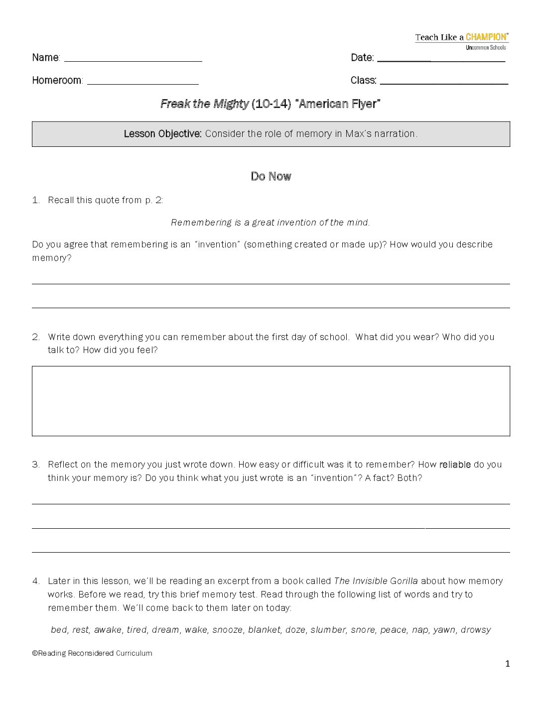 3 – Freak the Mighty_Student Packet_pages 10-14 | Teach Like a Champion