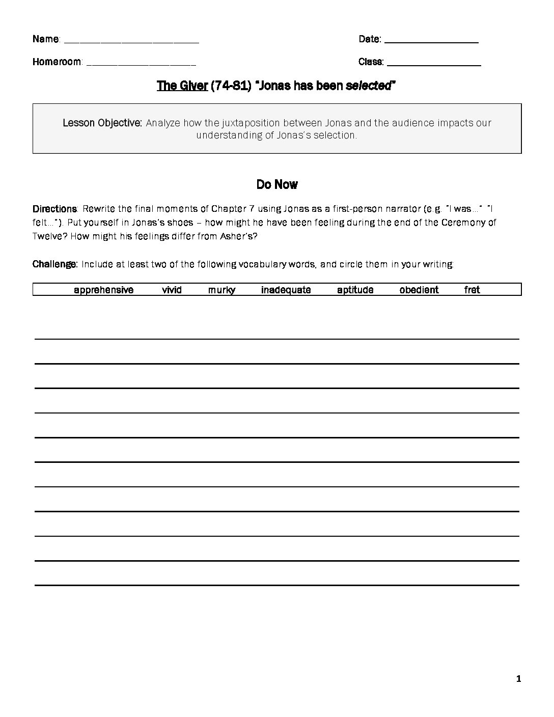 9- The Giver Student Packet_ pages 74-81 | Teach Like a Champion
