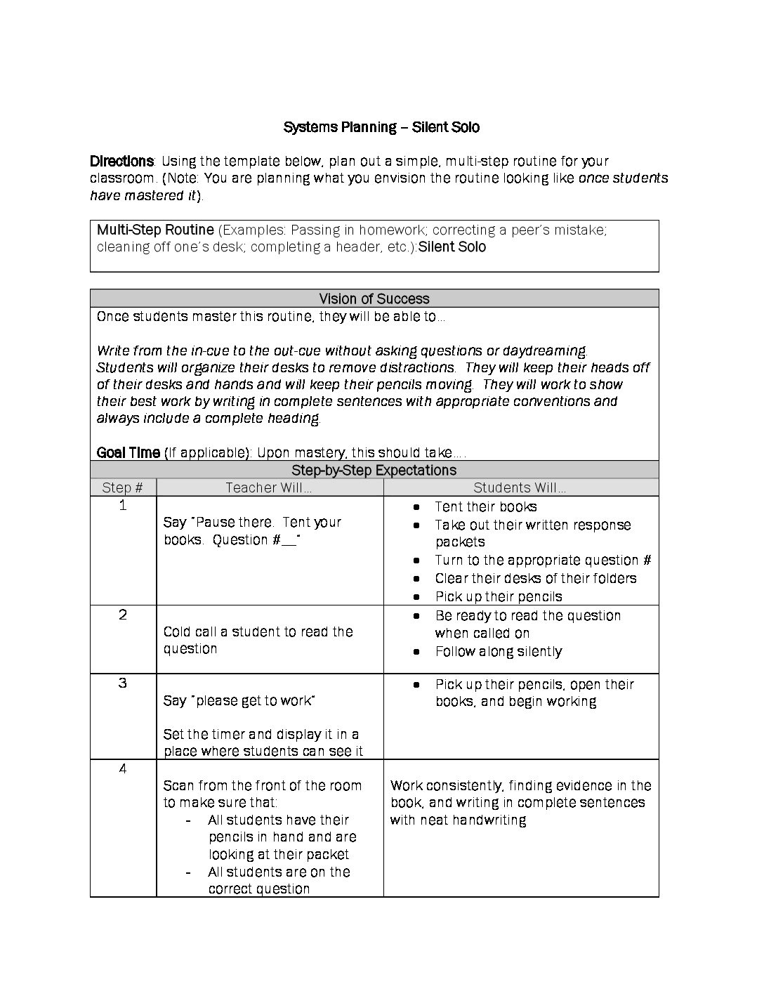 Designing Systems and Routines – Silent Solo PLanning Template | Teach ...