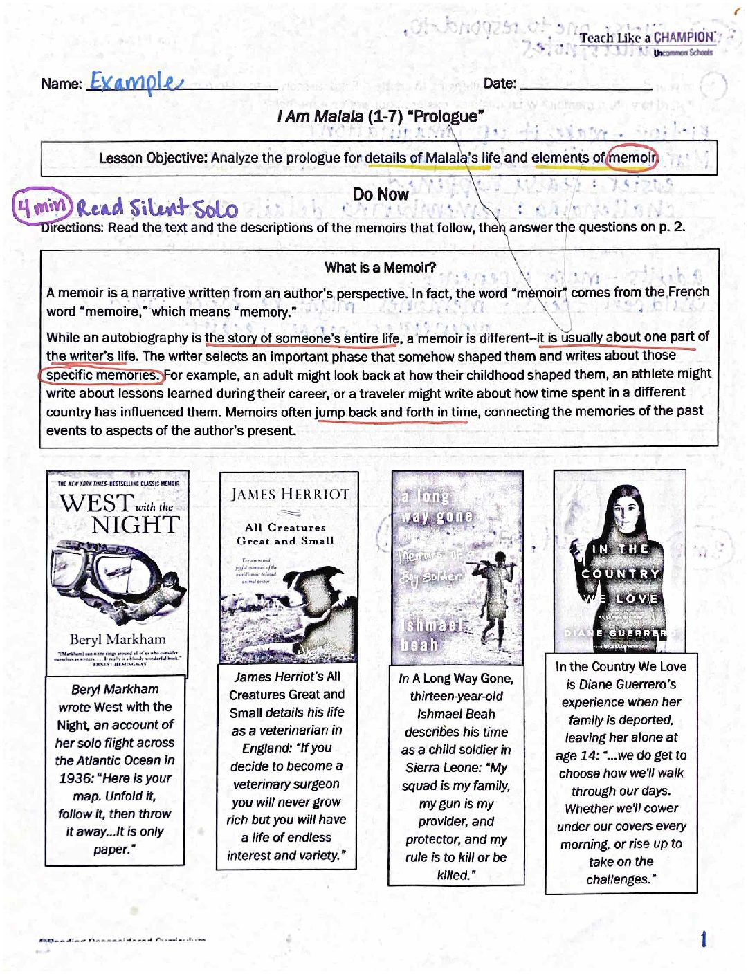Lesson 1_I am Malala_Example Planning | Teach Like a Champion