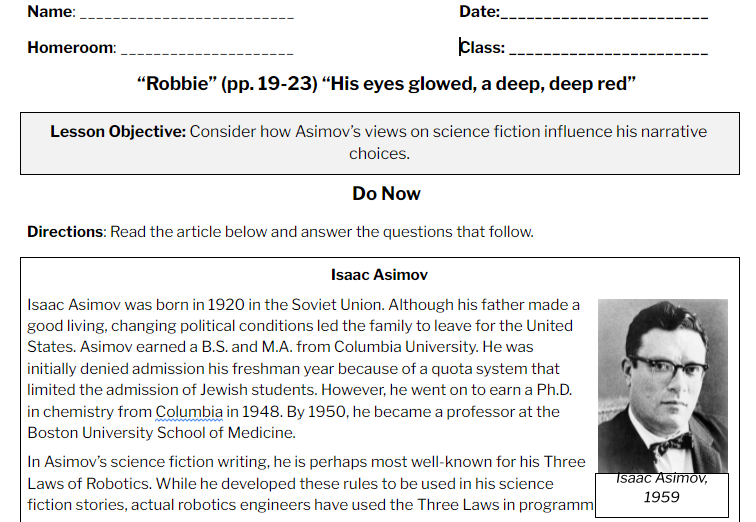 Science Fiction Short Stories Robbie Student Packet Day 3 Google Doc ...