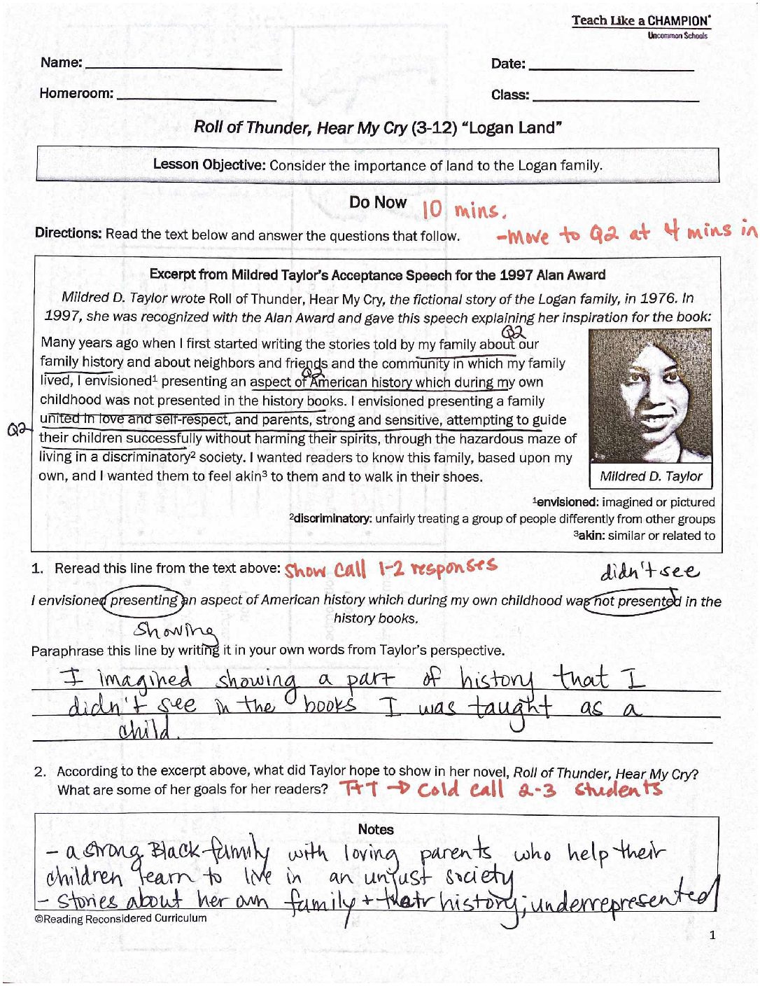 Roll of Thunder_Lesson 1_Student Packet_Lesson Prep | Teach Like a Champion