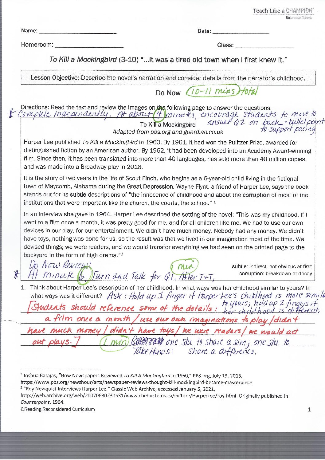 TKAM_Lesson 1_Student Pack_lesson prep | Teach Like a Champion